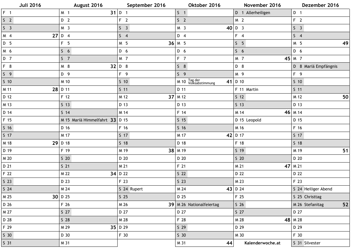 Kalender 2016 2. Hälfte