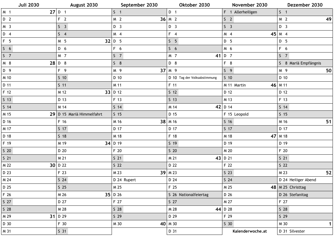 Kalender 2030 2. Hälfte